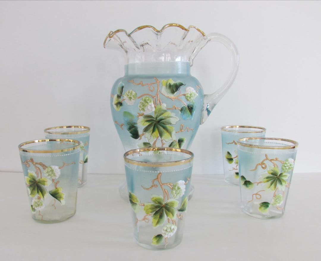 Victorian Lemonade Set Pitcher Glasses Hand Painpainted Hand Blown ...