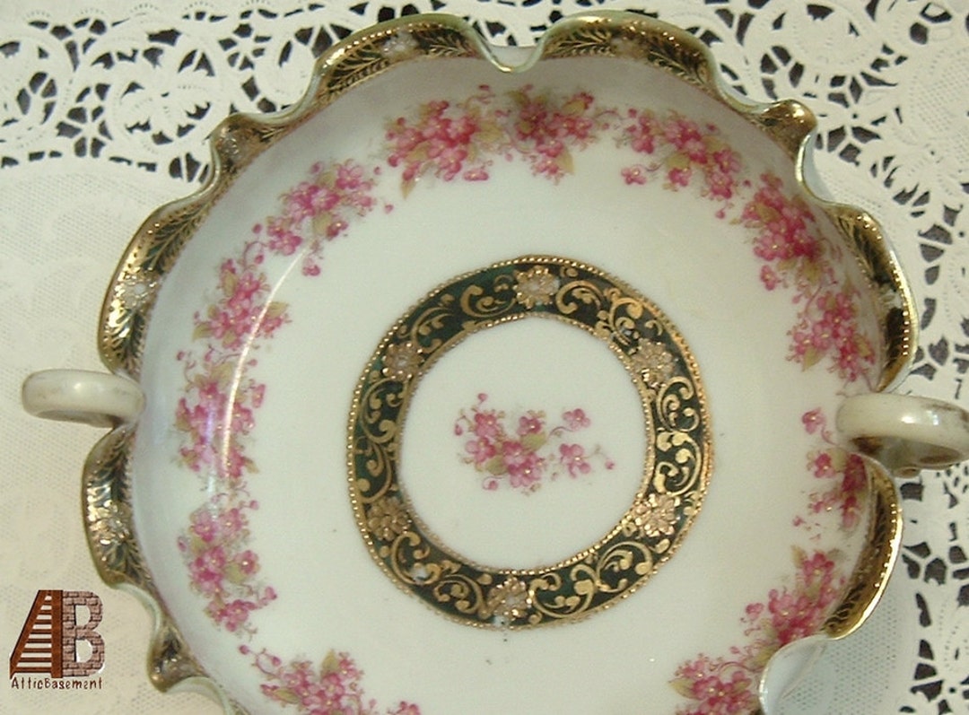Porcelain Ruffled Handled Bowl Pink Floral Black Gold Hand Painted ...