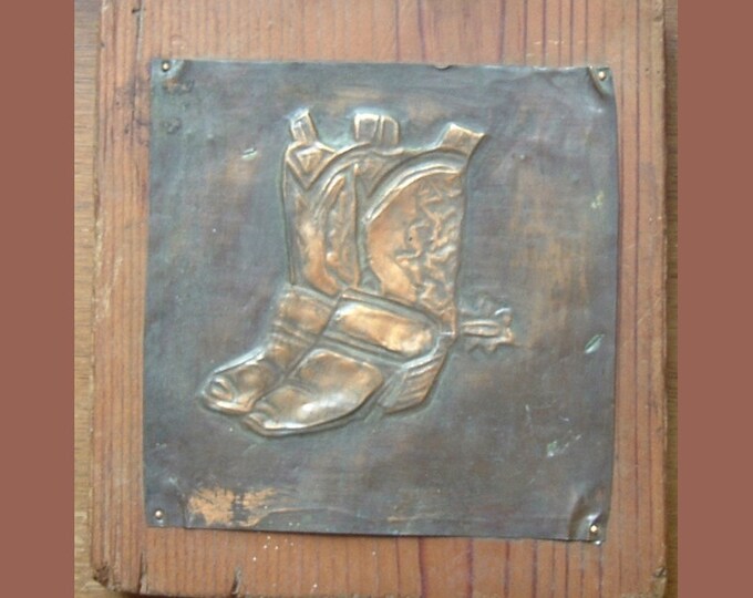 Unique Hand Hammered Cowboy Western Boots Spurs on Wood Plaque Texas ...