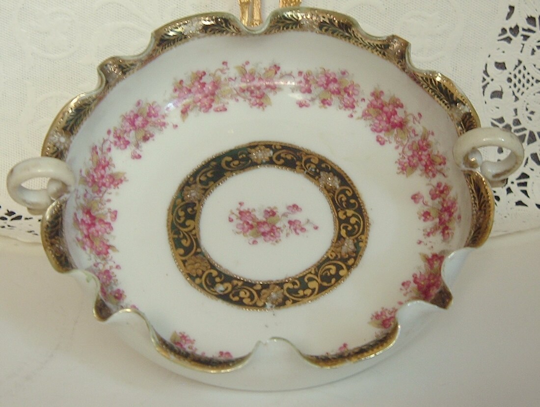 Porcelain Ruffled Handled Bowl Pink Floral Black Gold Hand Painted ...
