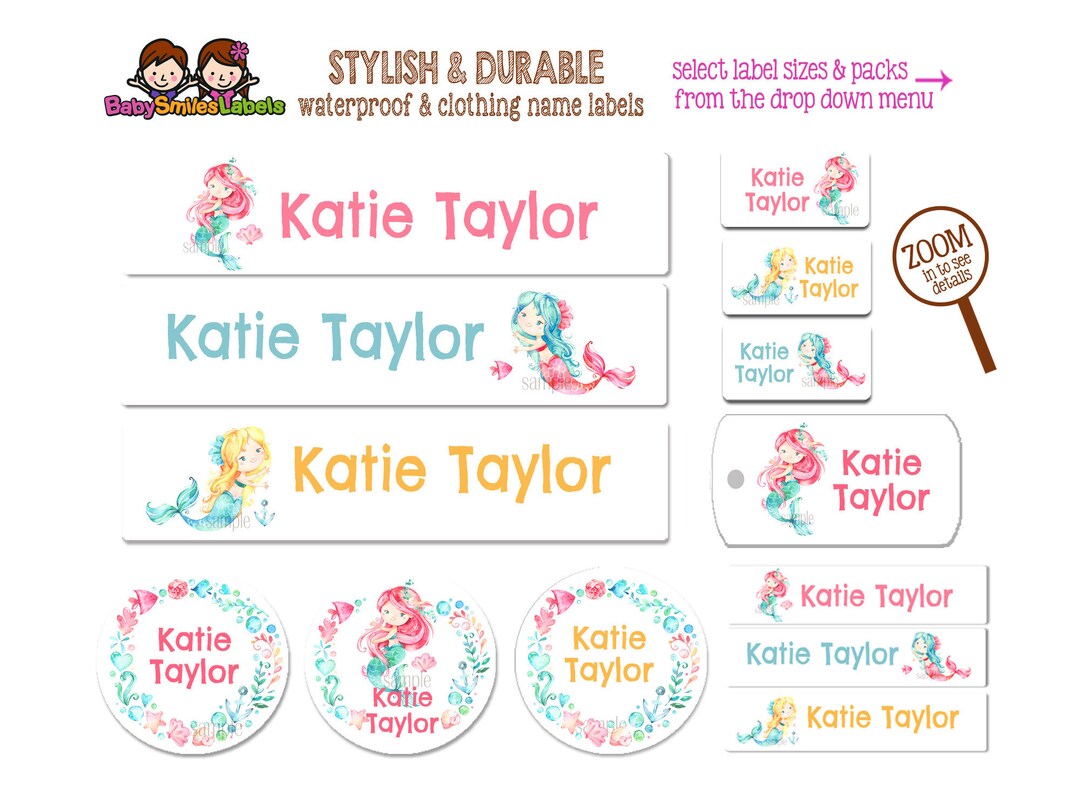 Mermaid Waterproof Name Labels School Name Labels Girl Labels Clothing ...