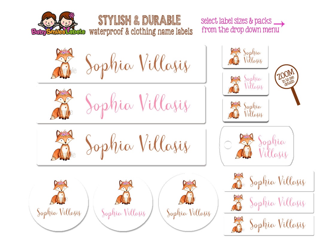 Floral Fox Waterproof Name Labels, Daycare Labels, Baby Bottle Labels ...
