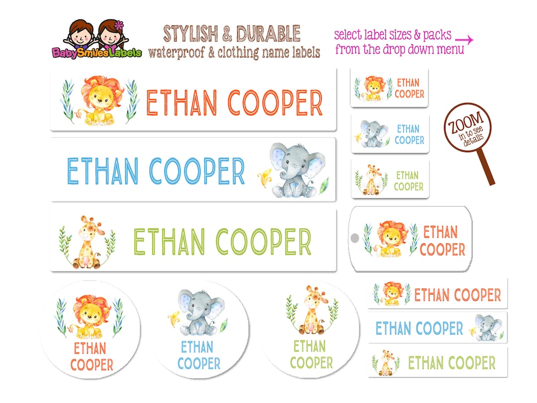Jungle Animals Waterproof Name Labels Lion Label Elephant Giraffe ...