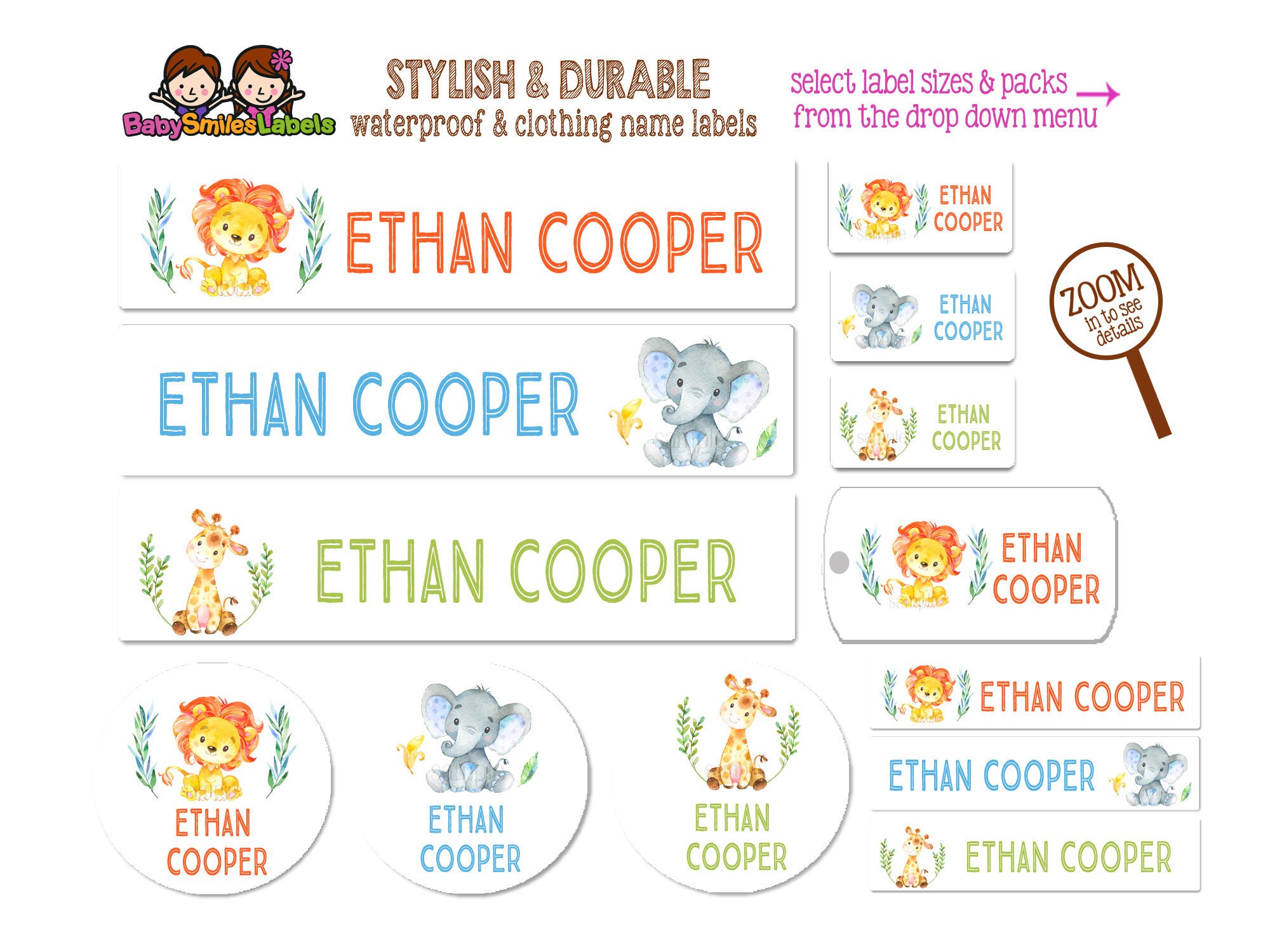 Jungle Animals Waterproof Name Labels Lion Label Elephant Giraffe ...