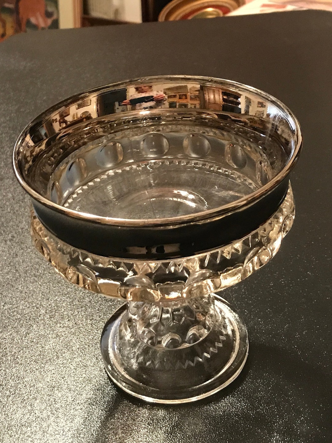 Candy Nut Dish Pedestal Compote Silver Rim Indiana Glass Kings Crown ...