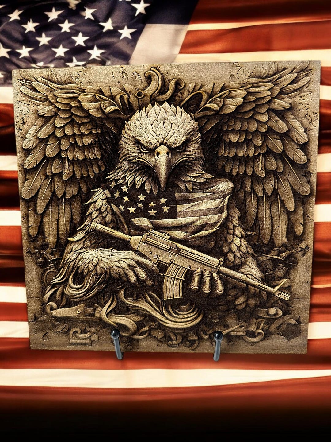 Laser Engraved Eagle & American Flag Wood Art: Patriotic 2nd Amendment ...