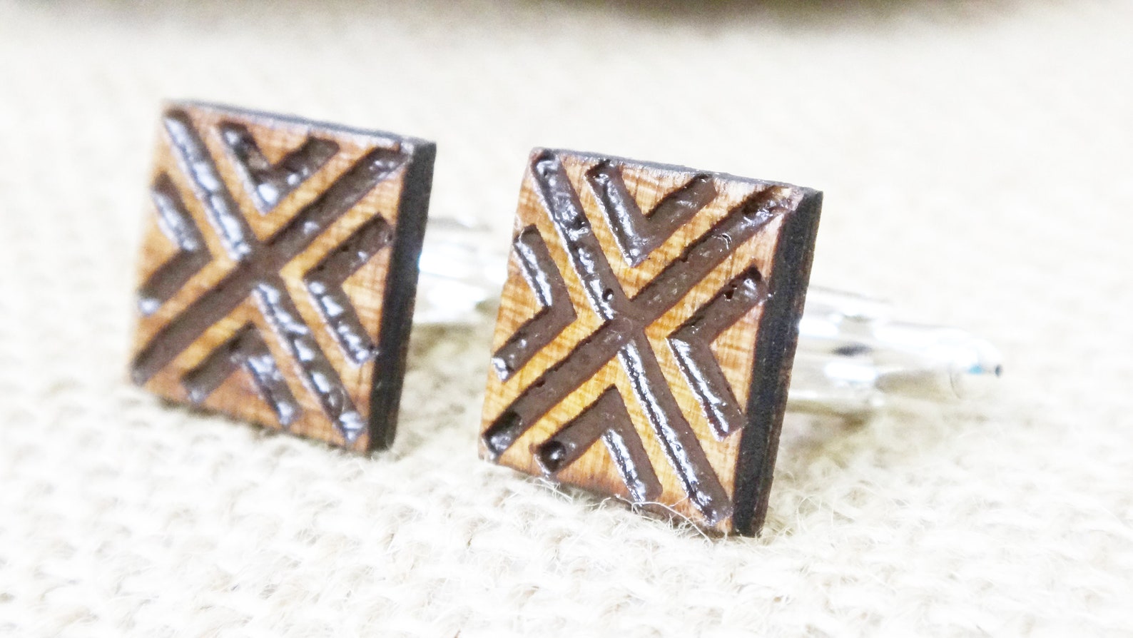 Geometric Cufflinks wood modern square Engraved Wooden | Etsy