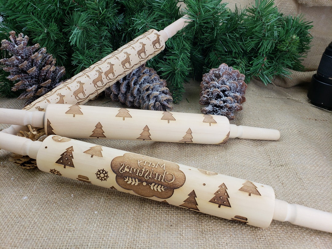 Embossed Rolling Pin Christmas Pattern Xmas Print Holiday Cookie Stamps ...