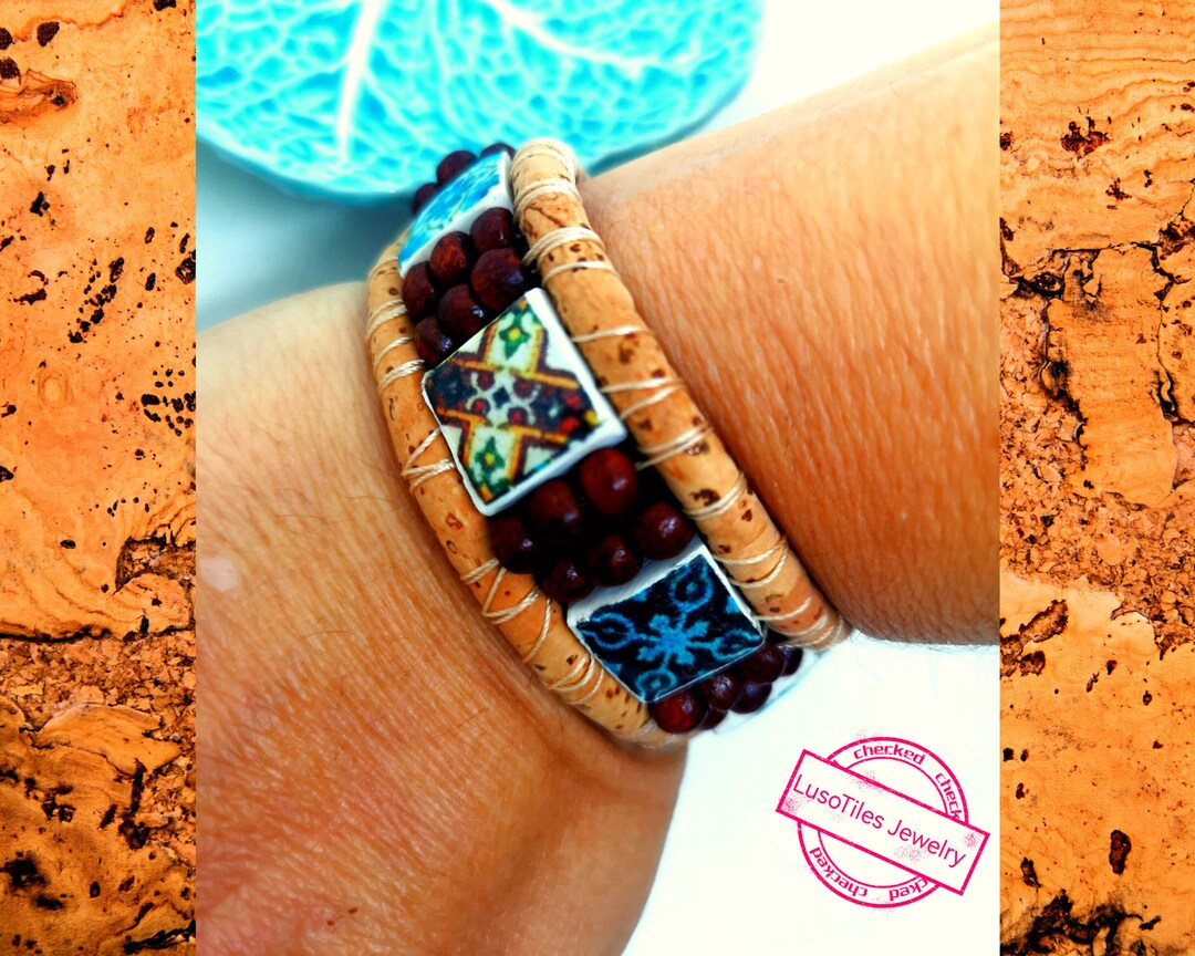 Handmade Cork Cuff Bracelet: Portuguese Tile & Acrylic Bead Stackable ...