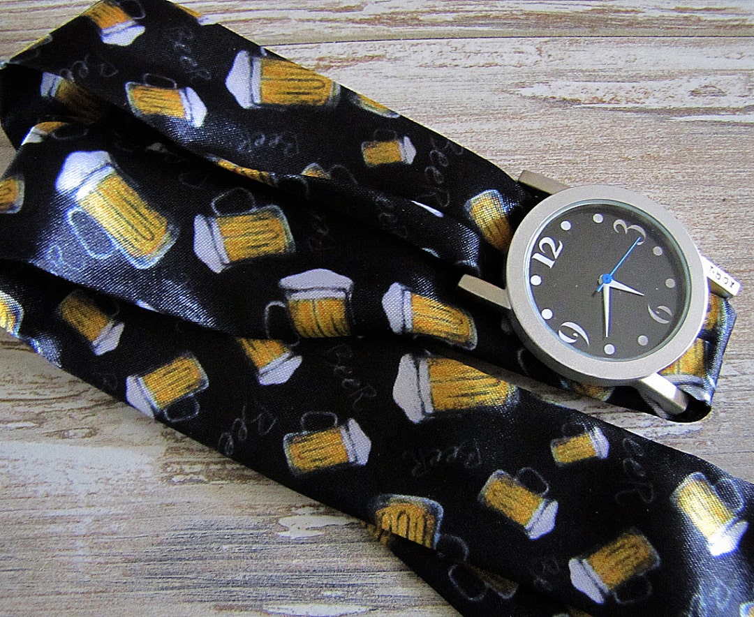 Beer Print Sateen Shawl Strap Wrist Watch Black Scarf Multi Strand ...