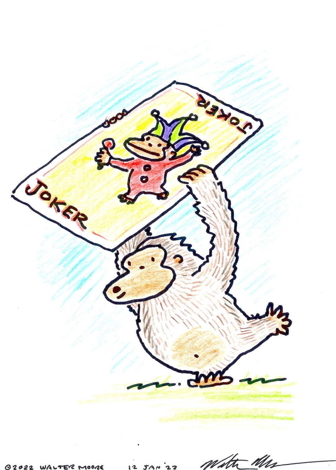 Ape Runs off With Oversized Joker Card, Original Signed Cartoon Art by ...
