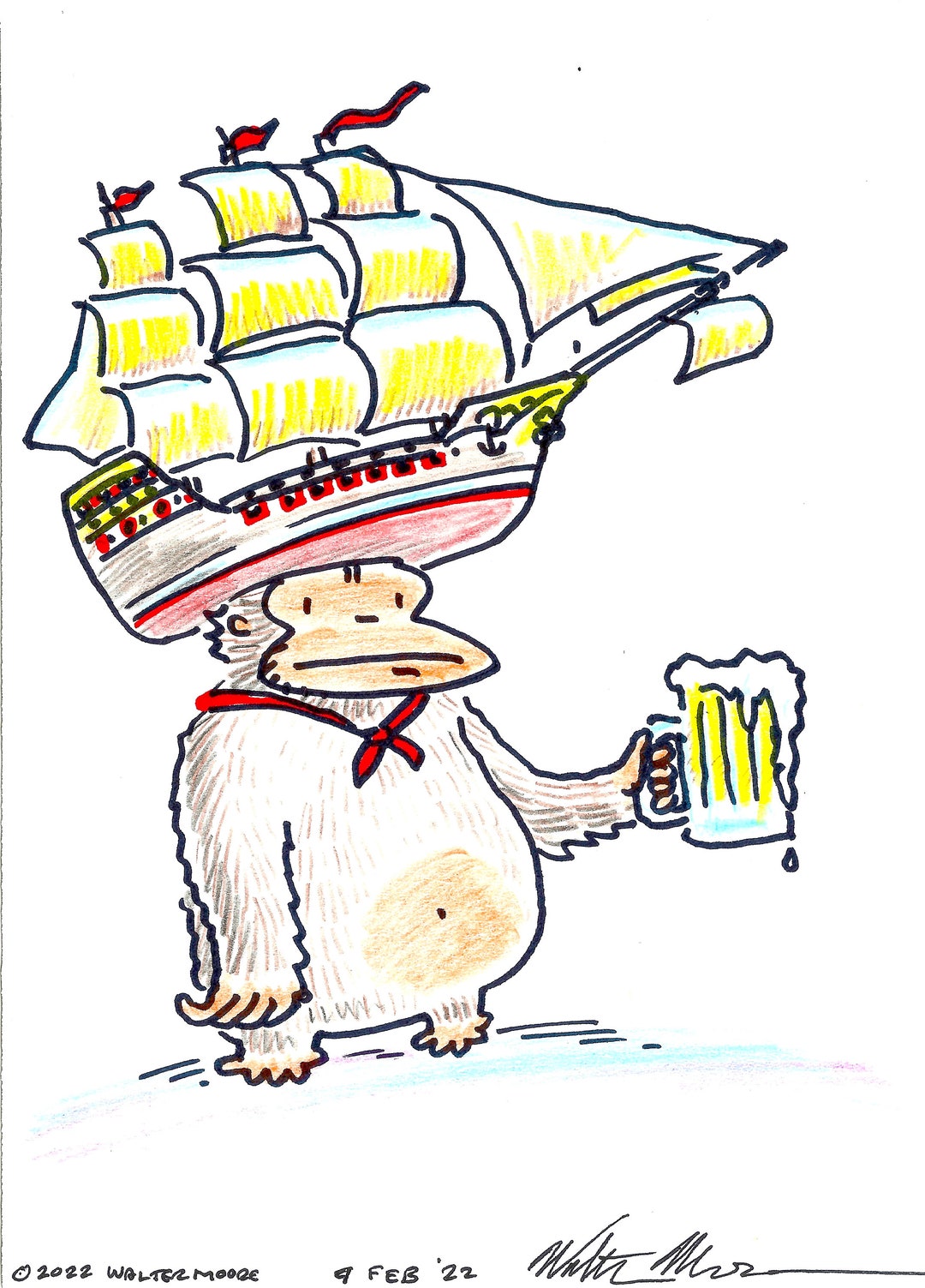 Nautical Beer Ape With Sailing Ship Hat, 5 X 7 Original Signed Cartoon ...