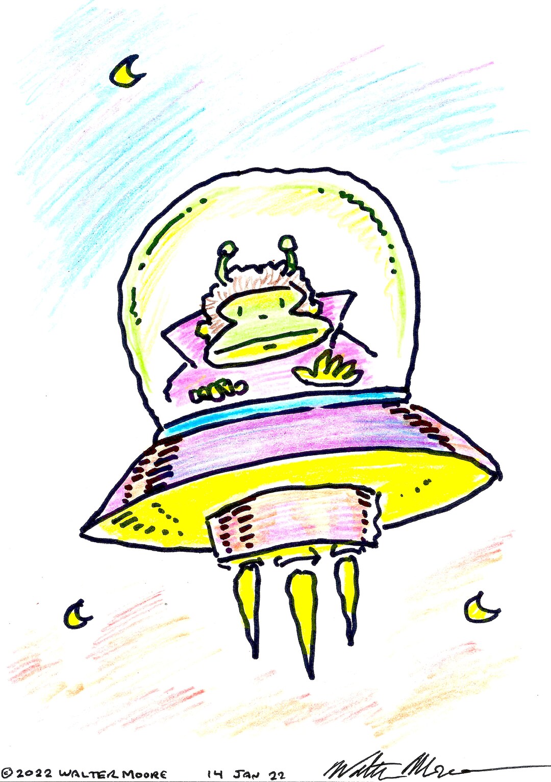 UFO Flying Saucer Space Alien Ape Original Signed Cartoon Art - Etsy