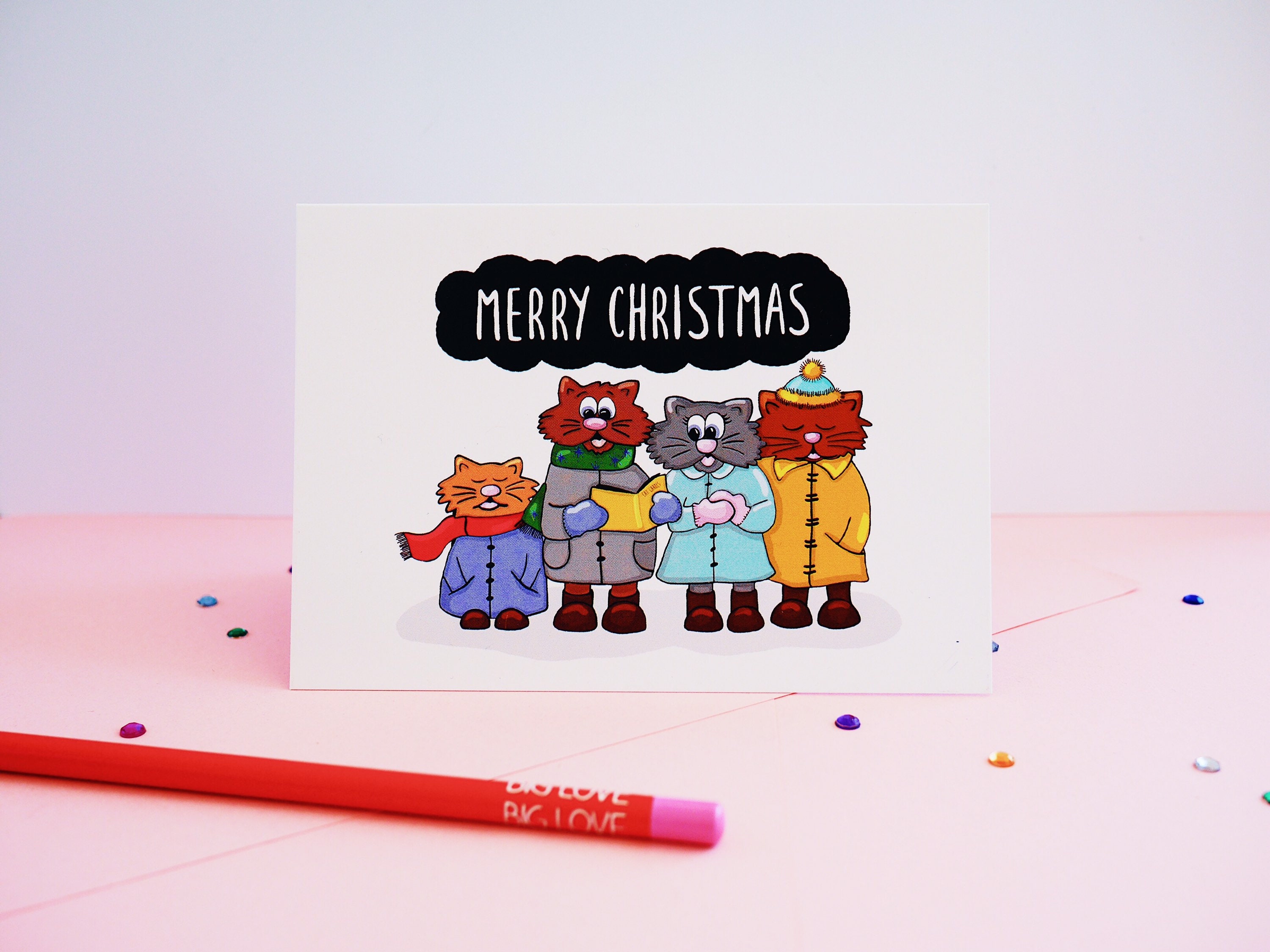 Cats Christmas Card singing Christmas Carols | Etsy