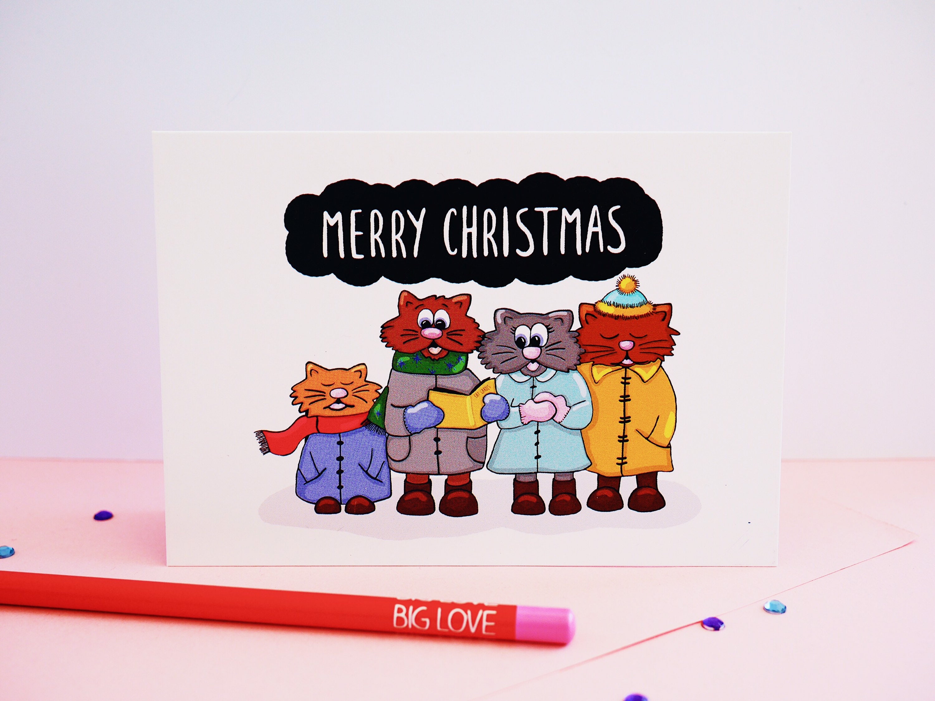 Cats Christmas Card singing Christmas Carols | Etsy