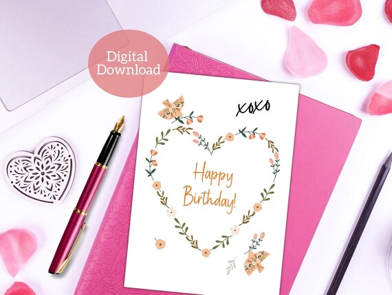Printable Pretty Flower Heart and Birds Birthday Card - Etsy