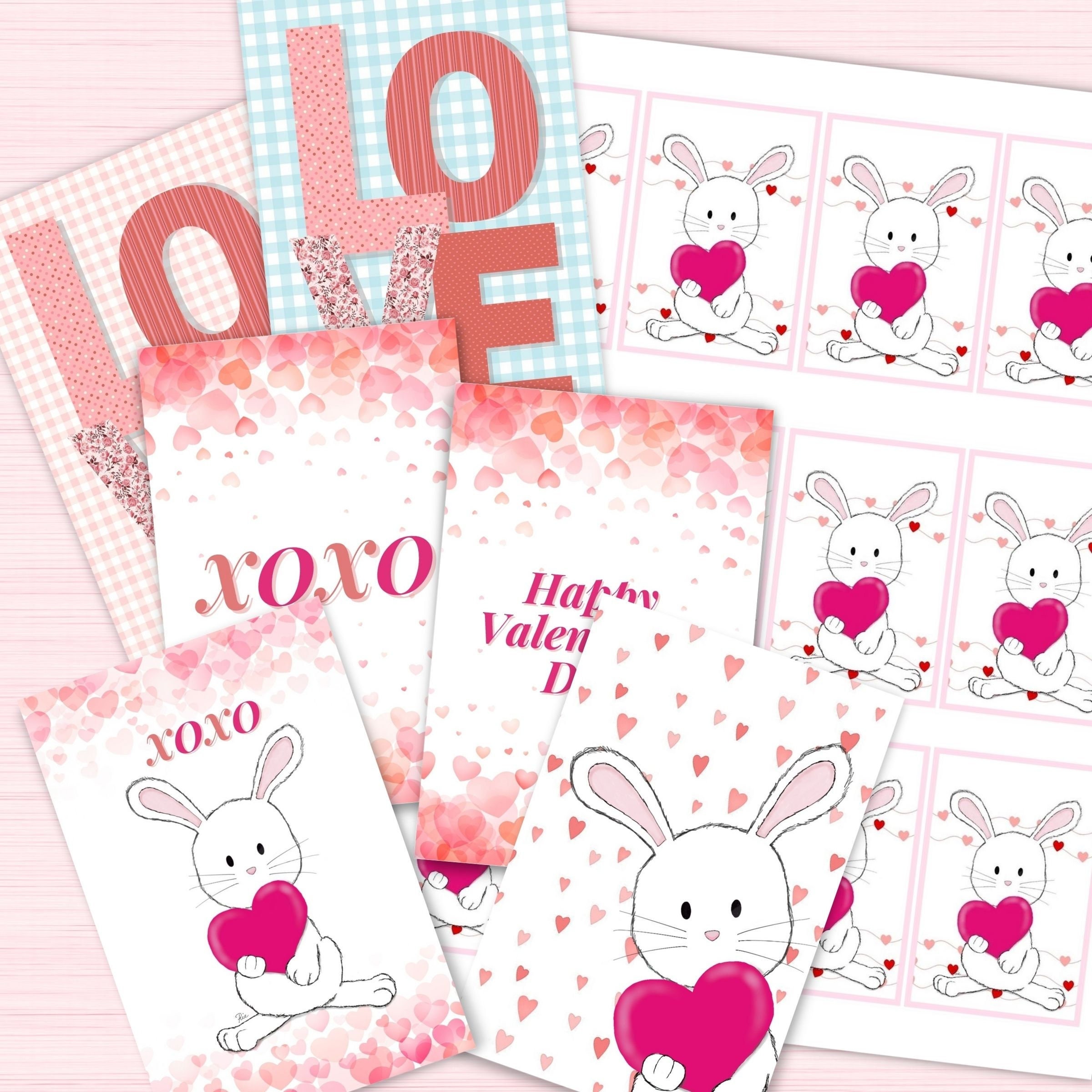 Printable Cute Bunny Valentines Day Cards and Tags, Love XOXO and ...