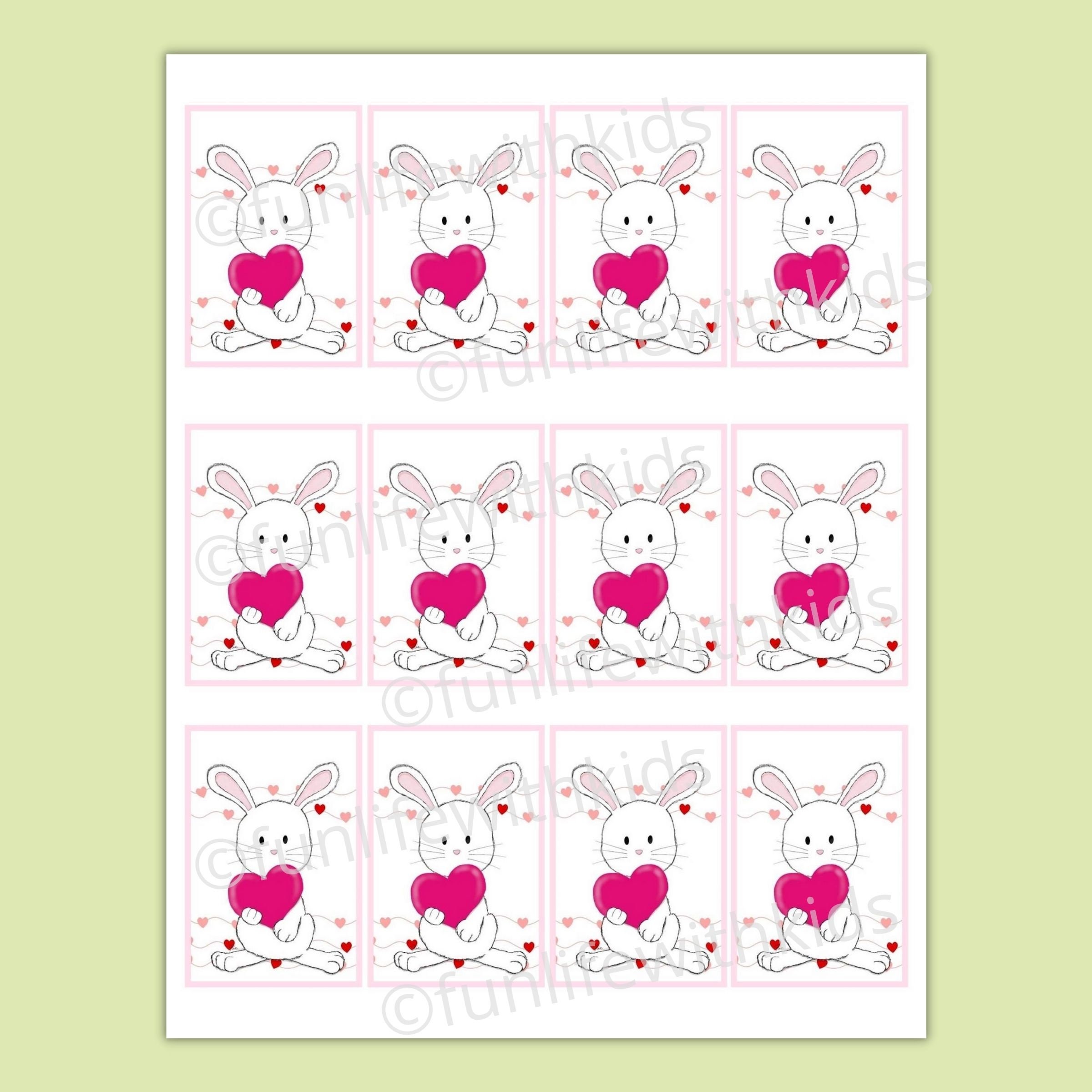 Printable Cute Bunny Valentines Day Cards and Tags, Love XOXO and ...