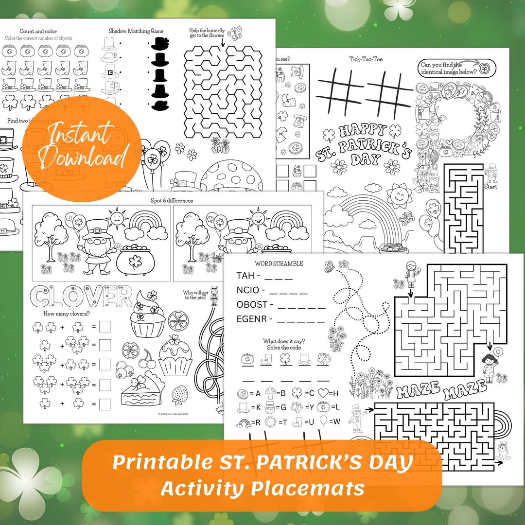 St Patrick's Day Placemat for Kids Party, Printable Coloring and Games ...