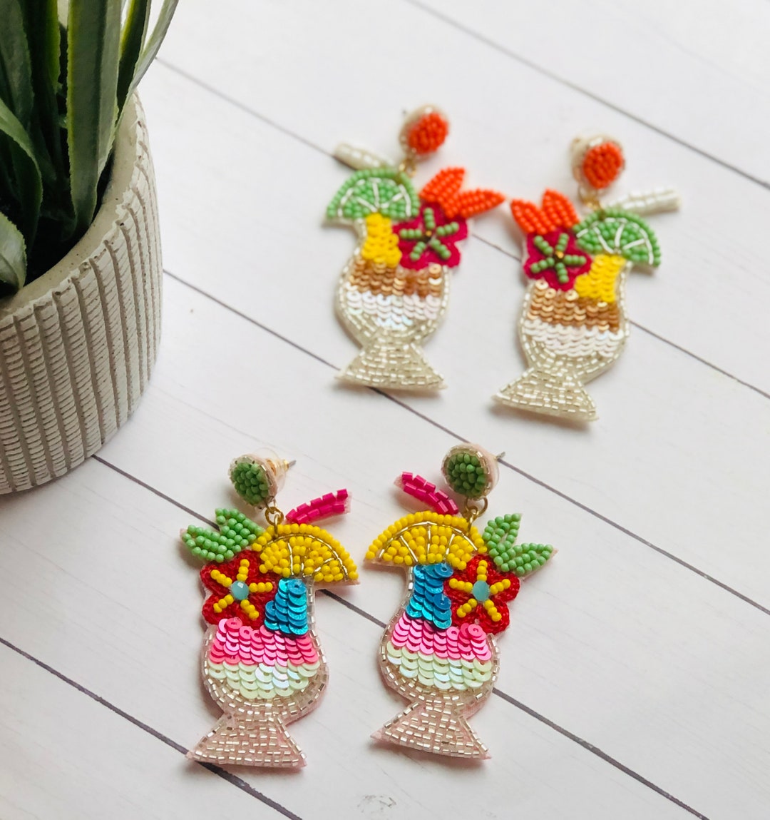 Tropical Drink Beaded Earrings/beaded Cocktail Earrings/beaded Beverage ...