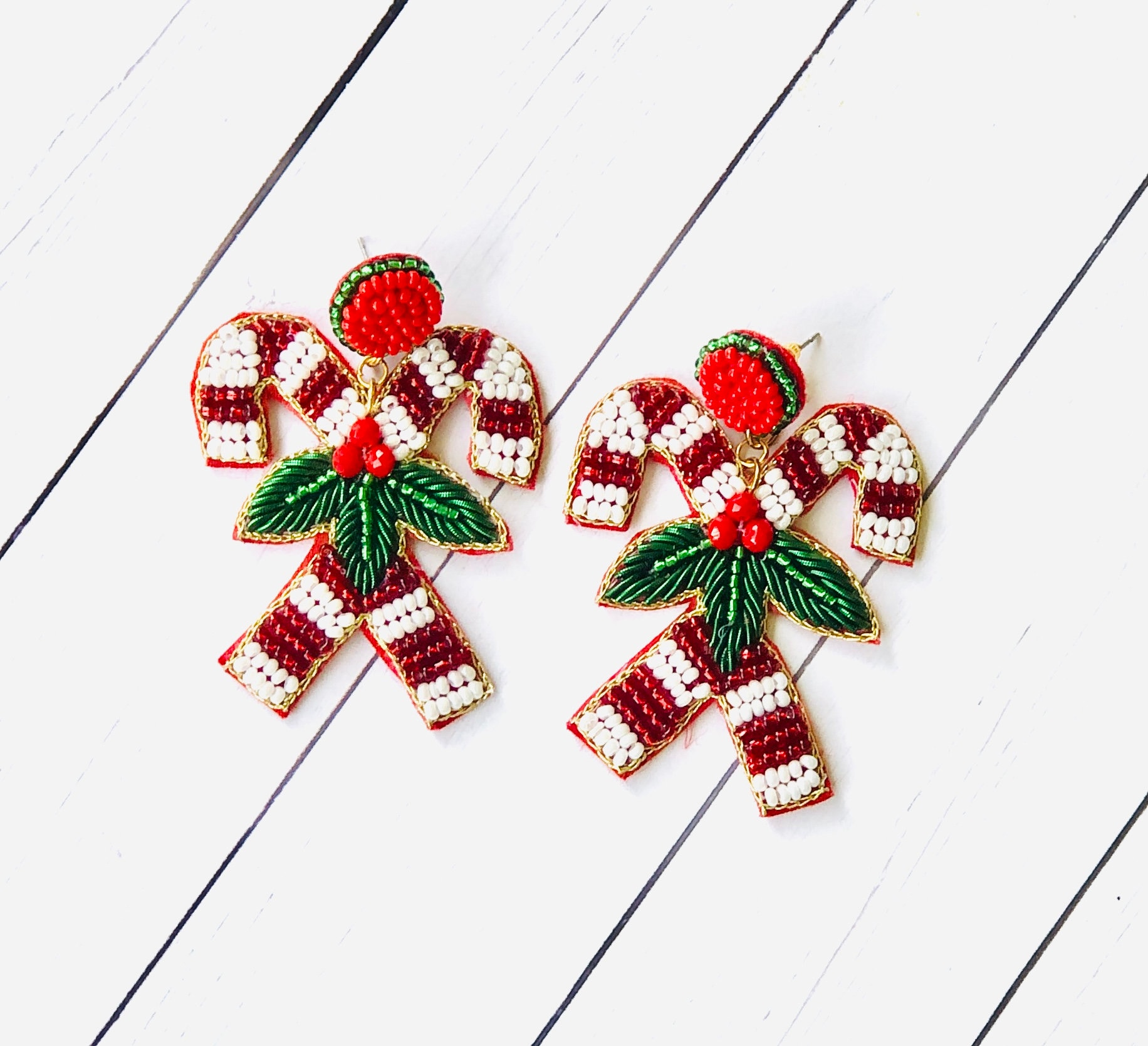 Candy Cane Seed Bead Christmas Earrings Bling Christmas Candy Earrings