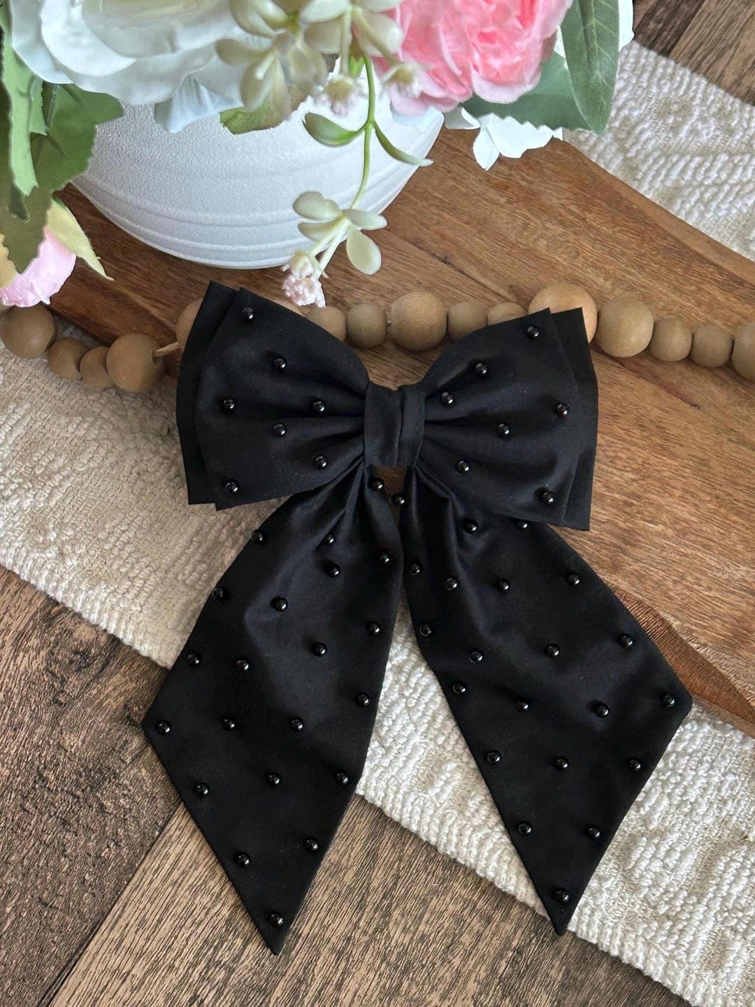 Black Hair Bow With Pearls Long Tail Sailor Bow Womens Adult Hair Bow ...