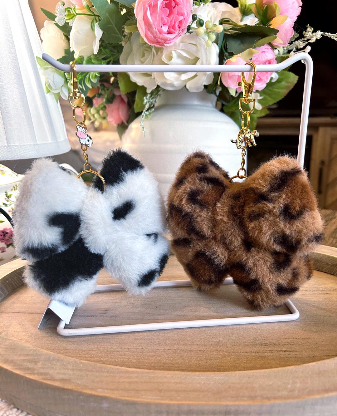 Puffy Bow Keychains Furry Leopard Cow Animal Print Bag Charm ...