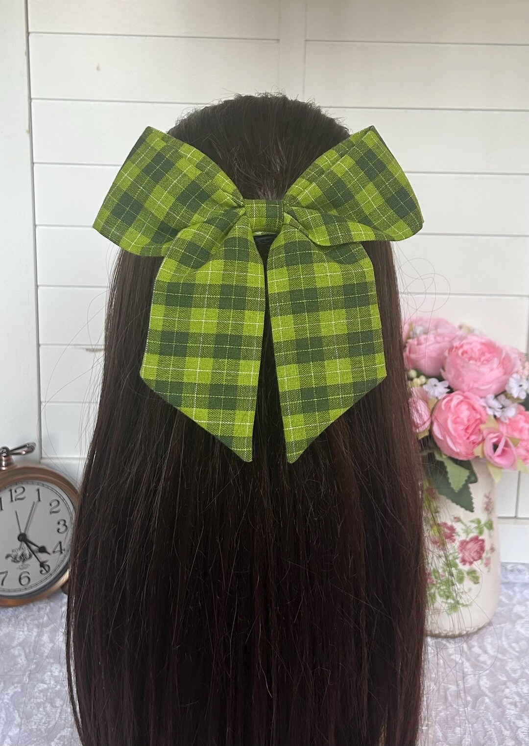 Green Plaid Hair Bow Womens Long Tail Sailor Bow Adult Hair Bow Spring ...