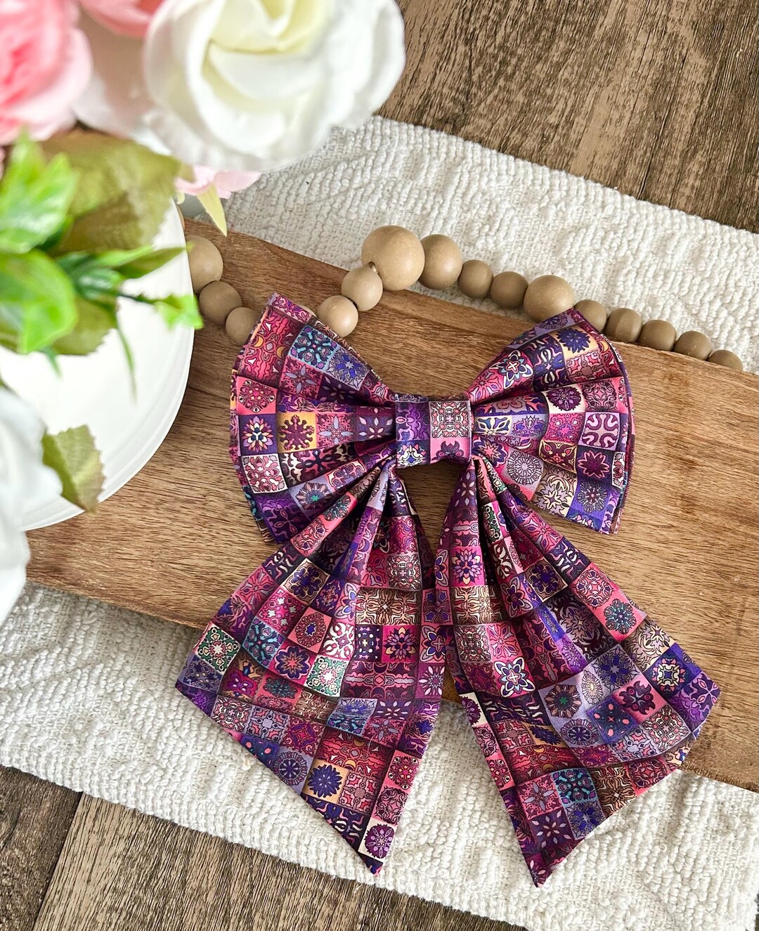 Hair Bow Womens Large Spring Mosaic Bohemian Bow Long Tail Bow Adult ...