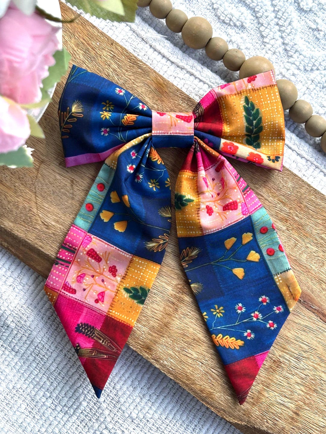 Patchwork Long Tail Hair Bow: Fall Harvest Coquette Accessory - Etsy