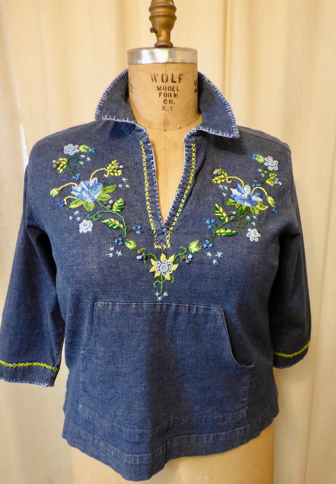 Embroidered Denim Blouse Shirt - Etsy