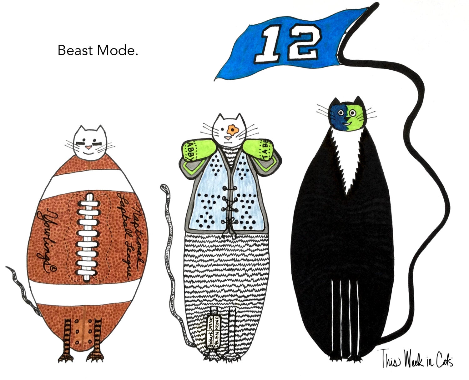 Cat Card- Beast Mode Football Cats Funny Cat Seahawks 12th Man - Etsy