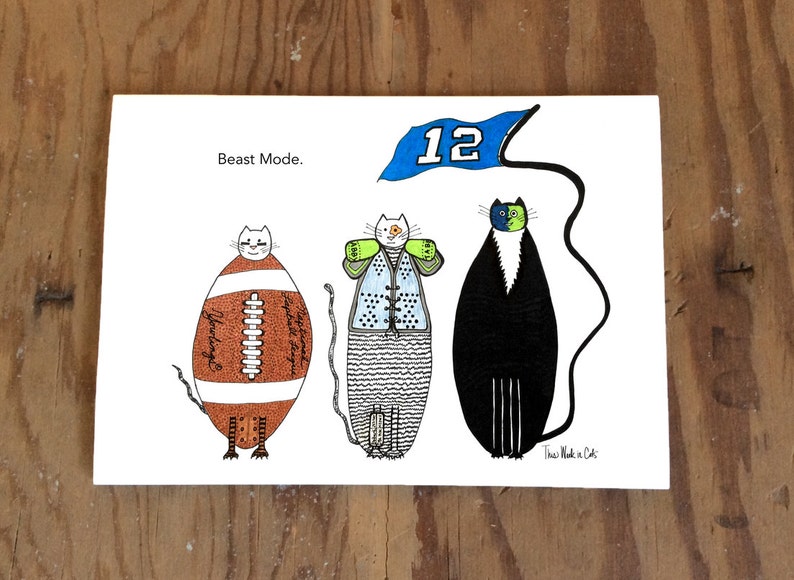 Cat Card- Beast Mode Football Cats Funny Cat Seahawks 12th Man - Etsy