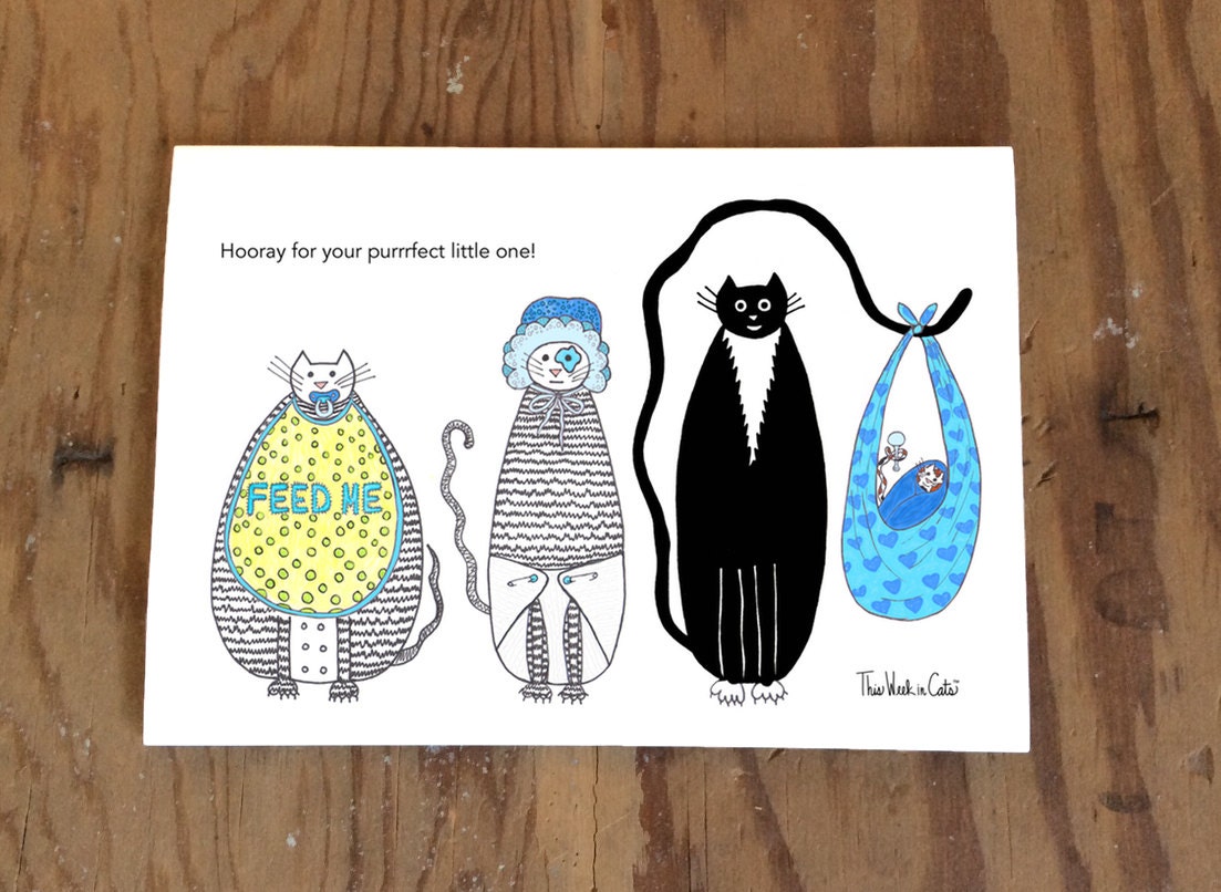 Cat Card - Baby Boy Shower Congratulations Cats Blue Bib Bonnet Diaper ...