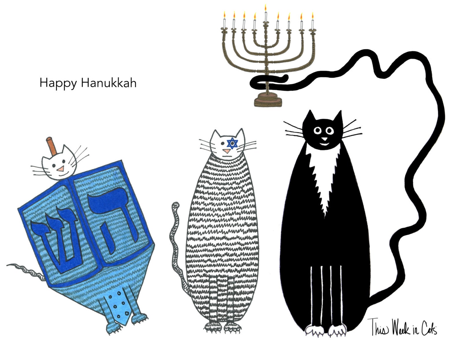 Cat Card - Happy Hanukkah Funny Cats Three Cats Dreidel Menorah Star of ...