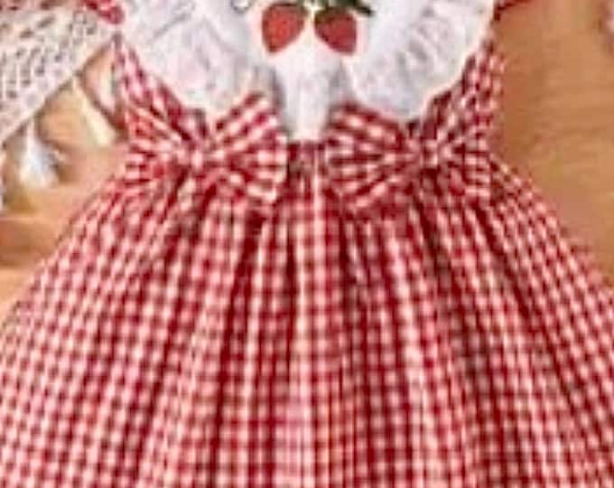 Girls Red White Gingham Check Dress Strawberry Embroidered White Collar ...