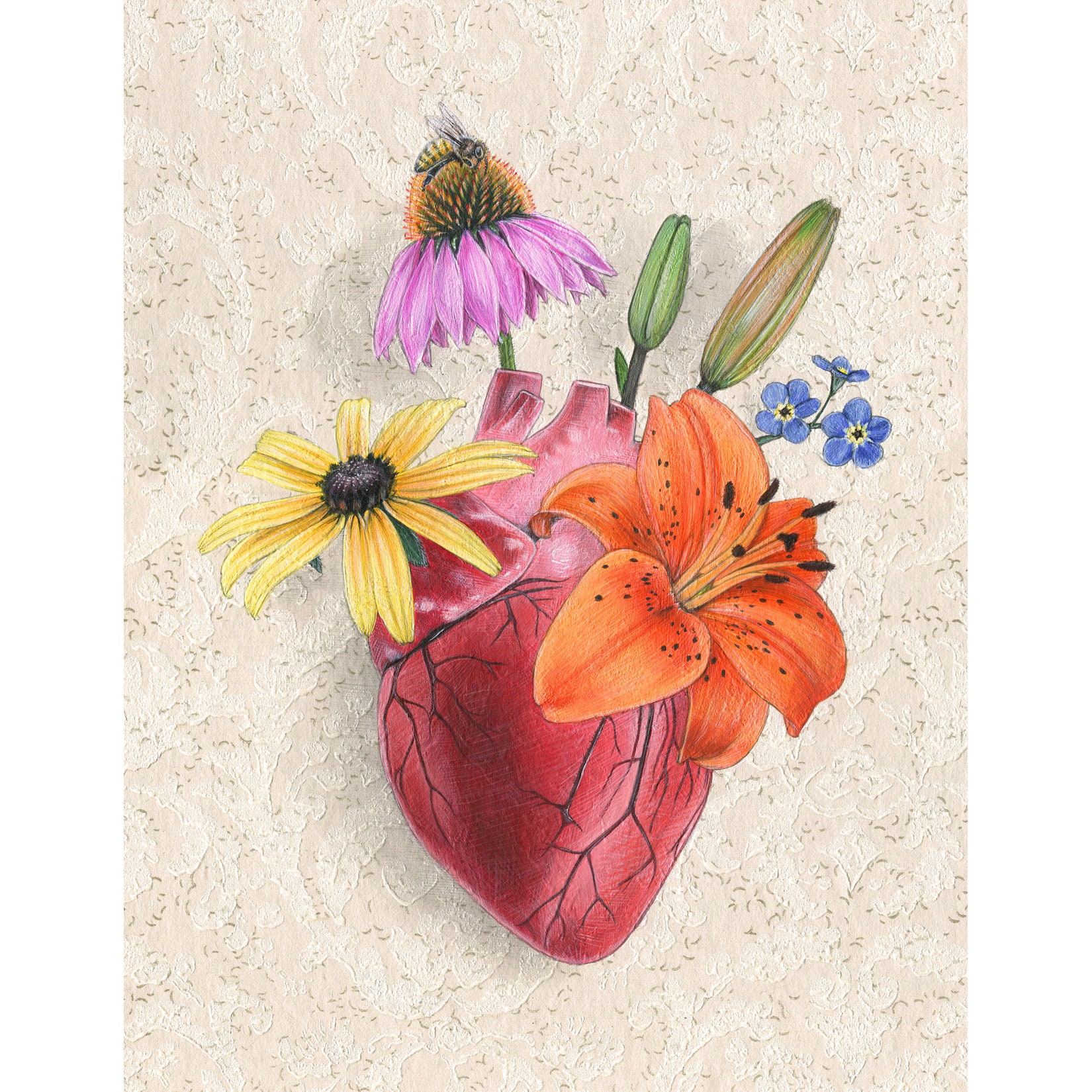 Anatomical Heart With Wild Flowers Note Card Blank Greeting Card, A2 ...