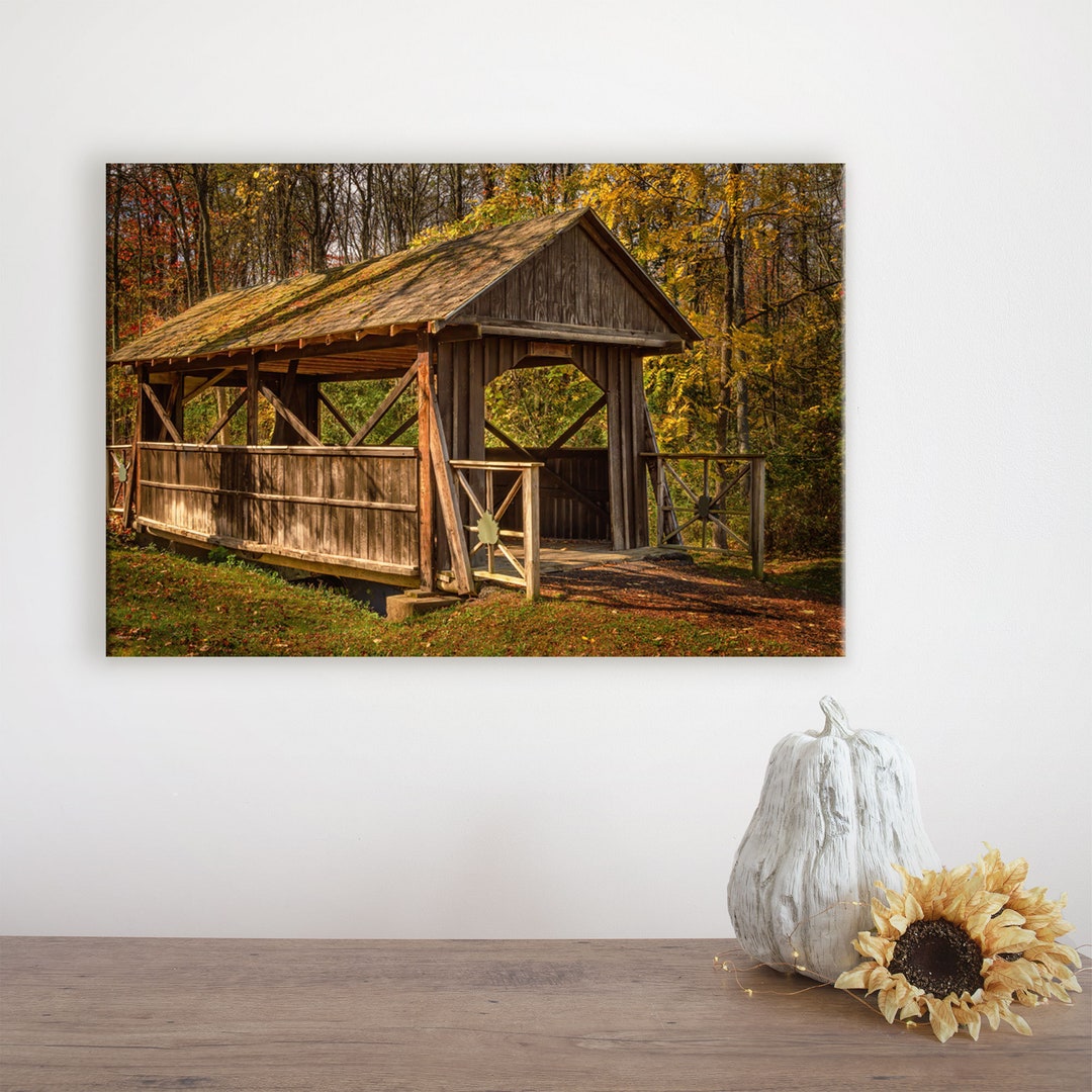 Fall Decor, Canvas Wall Art, Covered Bridge Art, Rustic Country ...
