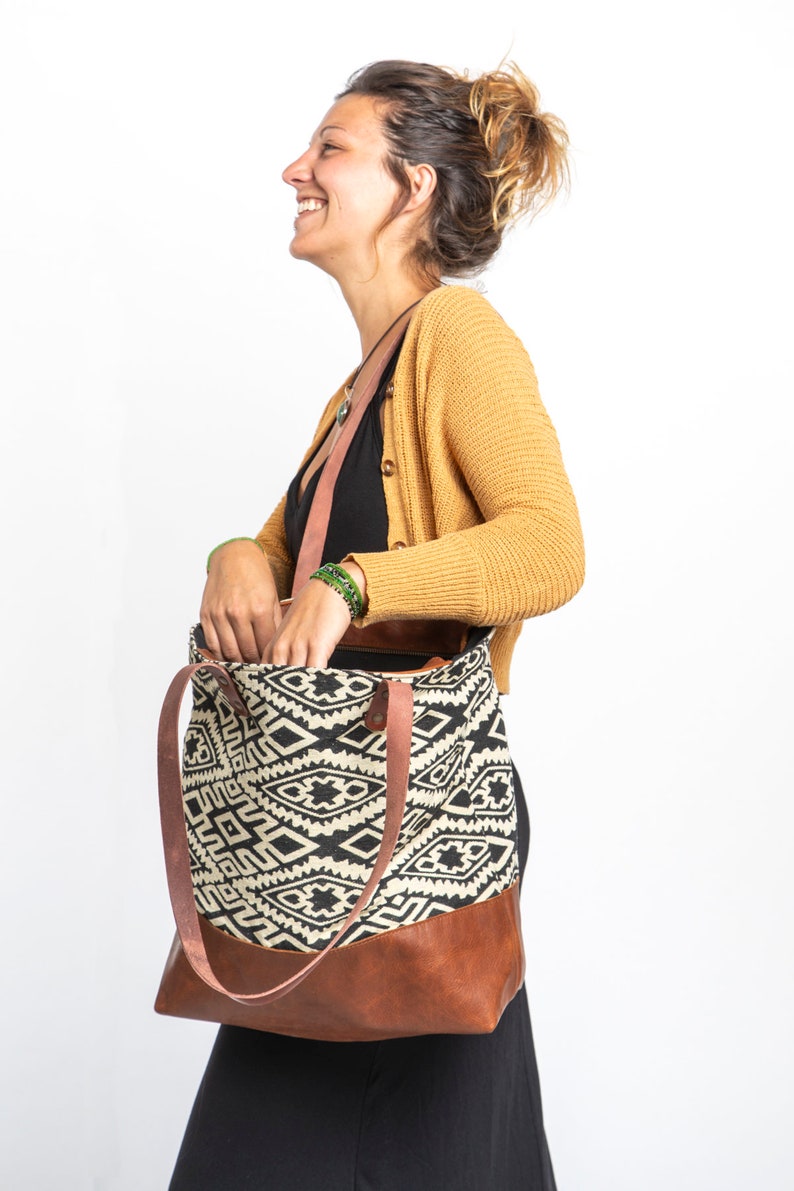 Canvas Leather Tote Bag / Leather Shopping Bag for Women / Leather ...