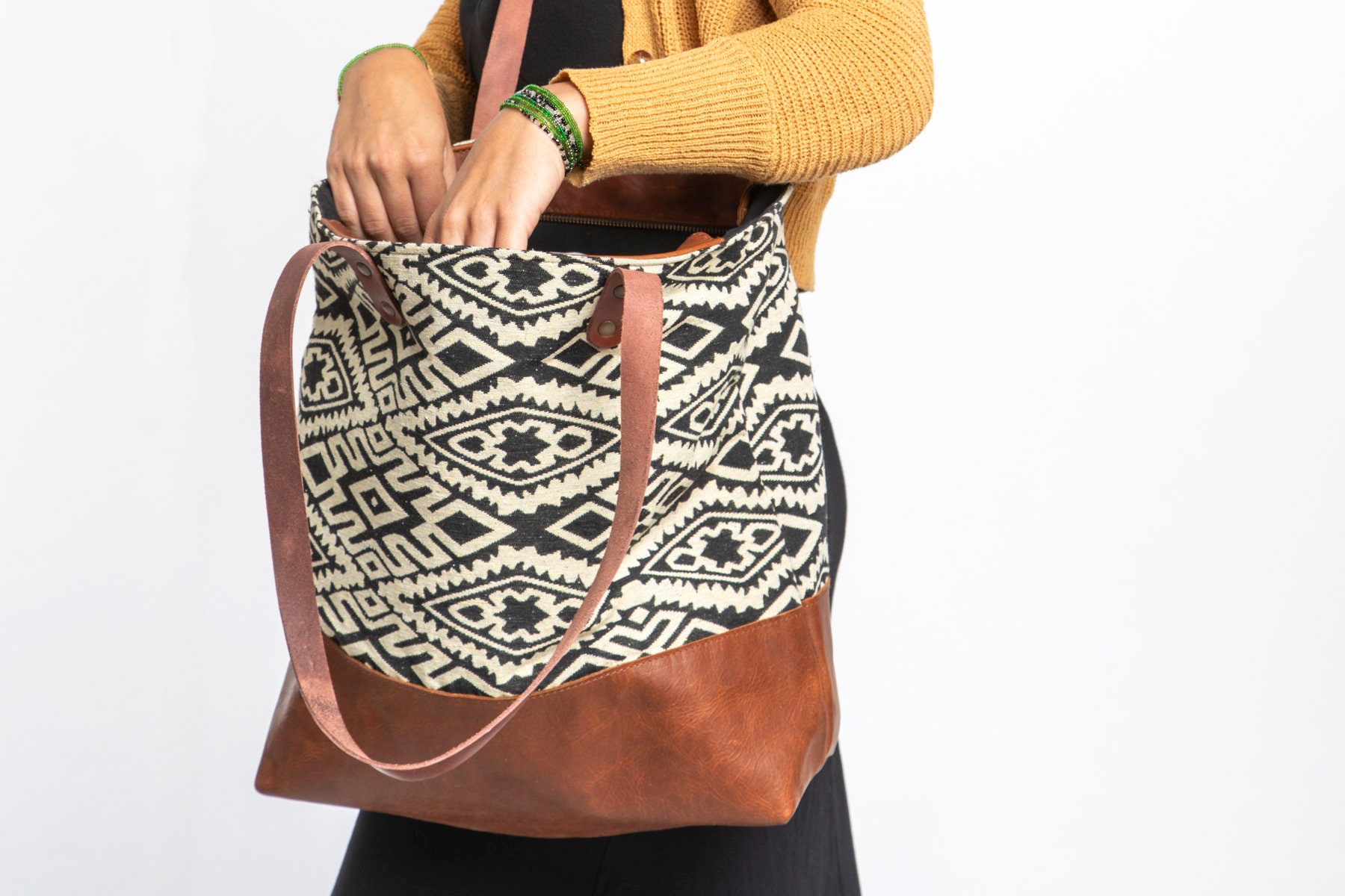 Canvas Leather Tote Bag / Leather Shopping Bag for Women / Leather ...