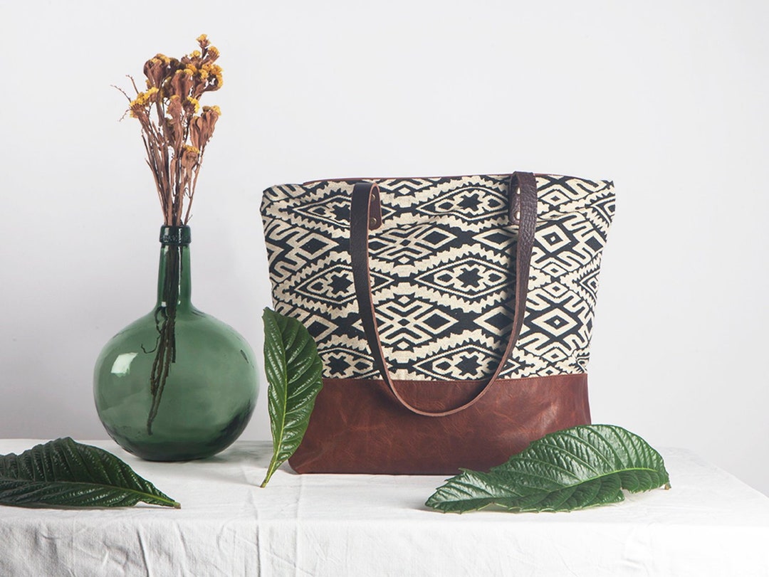Canvas Leather Tote Bag / Leather Shopping Bag for Women / Leather ...