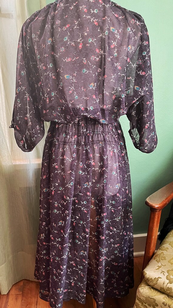 Vintage 1980s Sheer Balloon Sleeve Gray Floral Midi D… - Gem