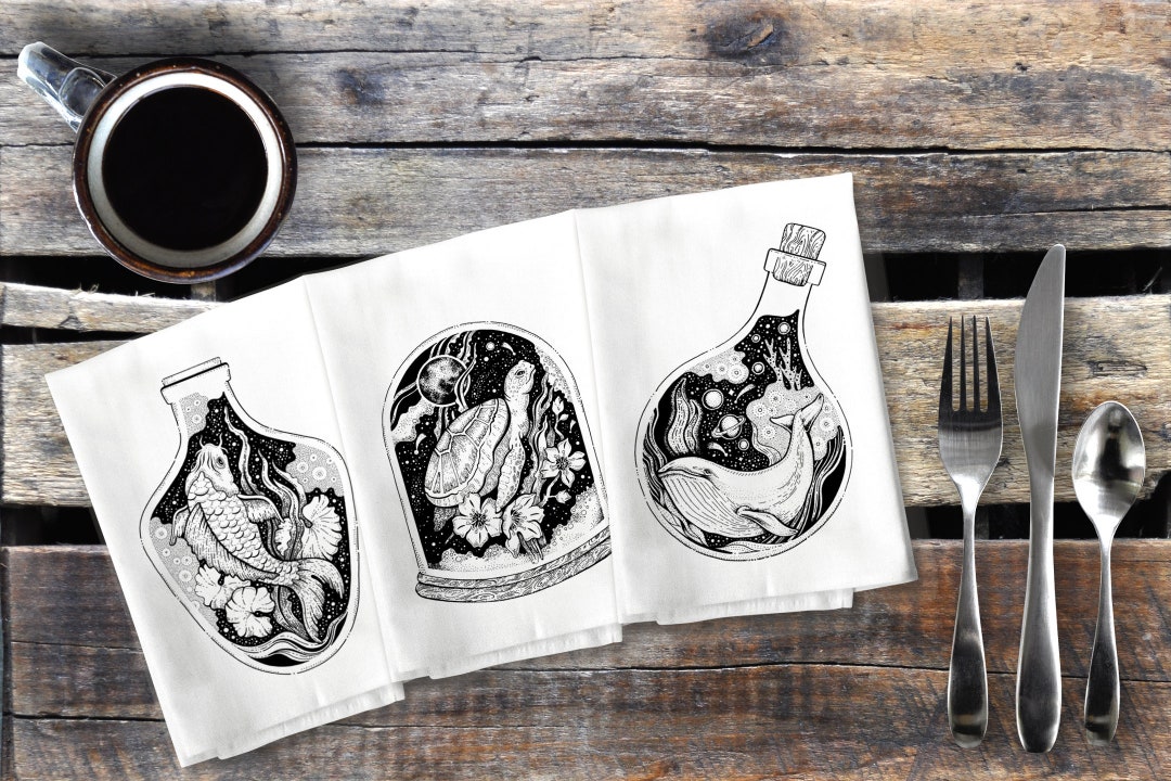 Bottled Sea Creature Napkins, Turtle, Koi Fish, Whale, Cotton Cloth ...