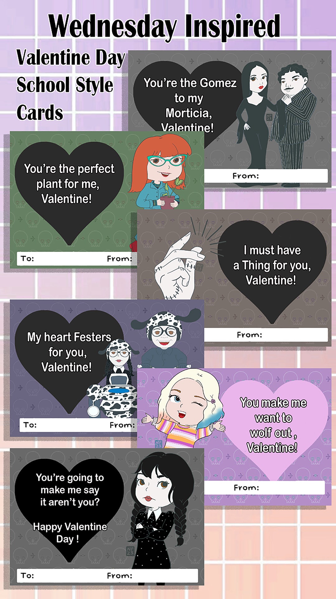 Wednesday Addams Inspired Valentine's Day Cards, School Valentine's Day ...