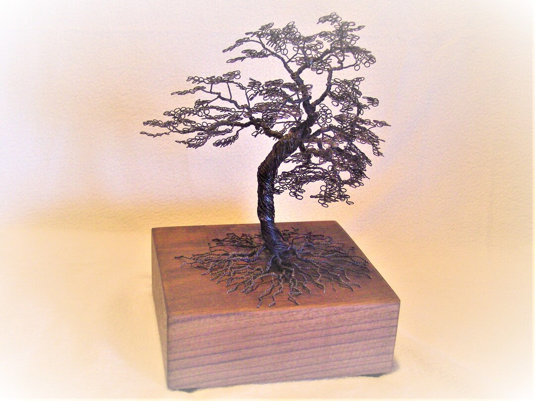 Twisted Black Iron Windswept Tree Sculpture (with Leaves) on Mahogany ...