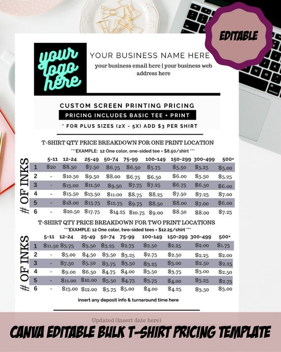 Canva BULK T shirt PRICE LIST Template Editable Printable Etsy