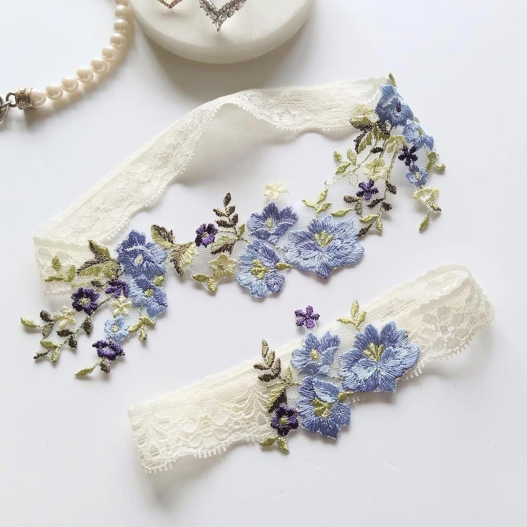 Wedding Garter Set, Something Blue Wildflower Bridal Shower Gift for ...