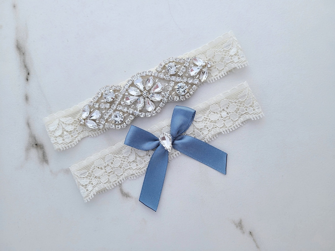 Lace Wedding Garters, Garter Set, Garter With Blue Ribbon, Garter With ...