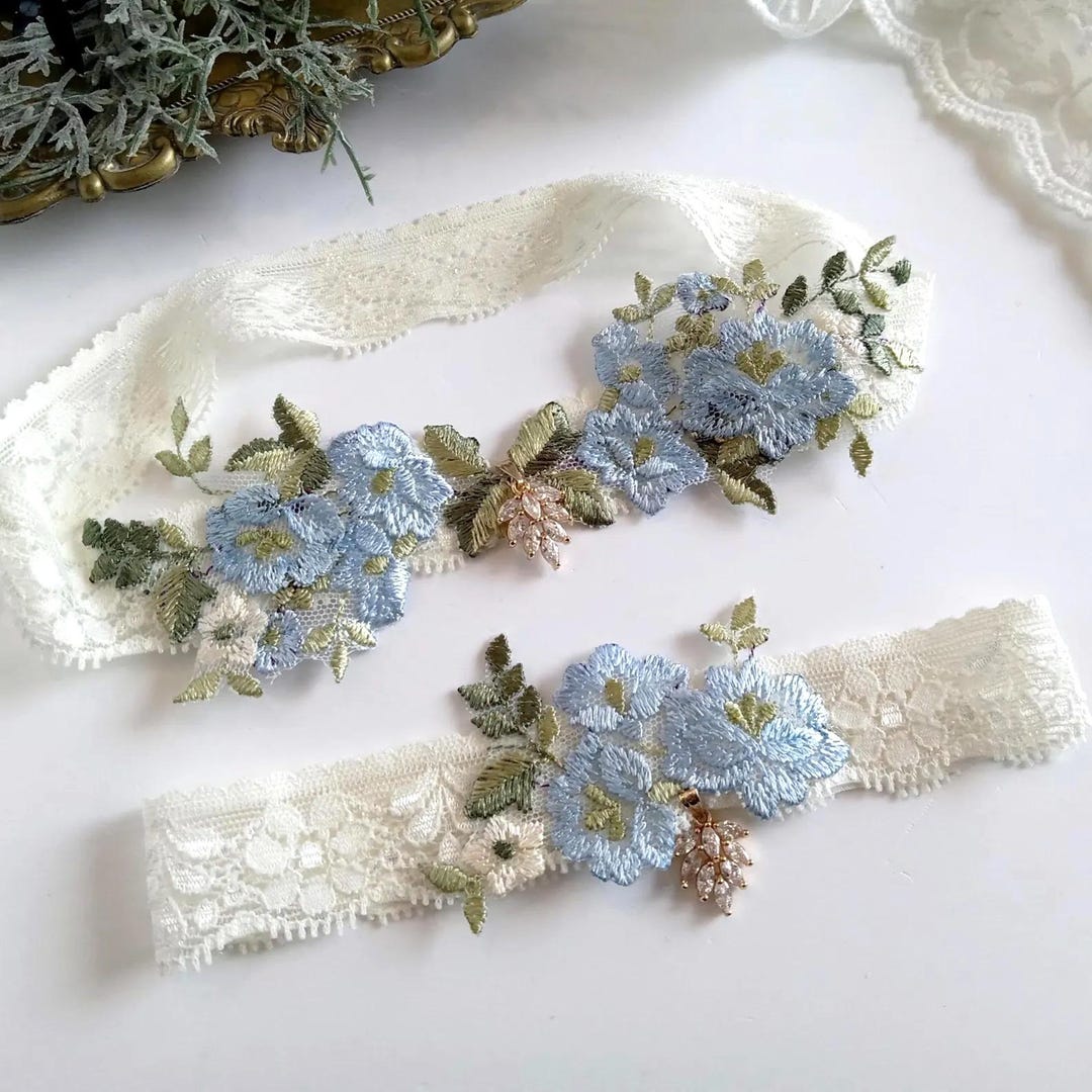 Light Blue Wedding Garters, Ivory Embroidered Single or Set Flower Lace ...
