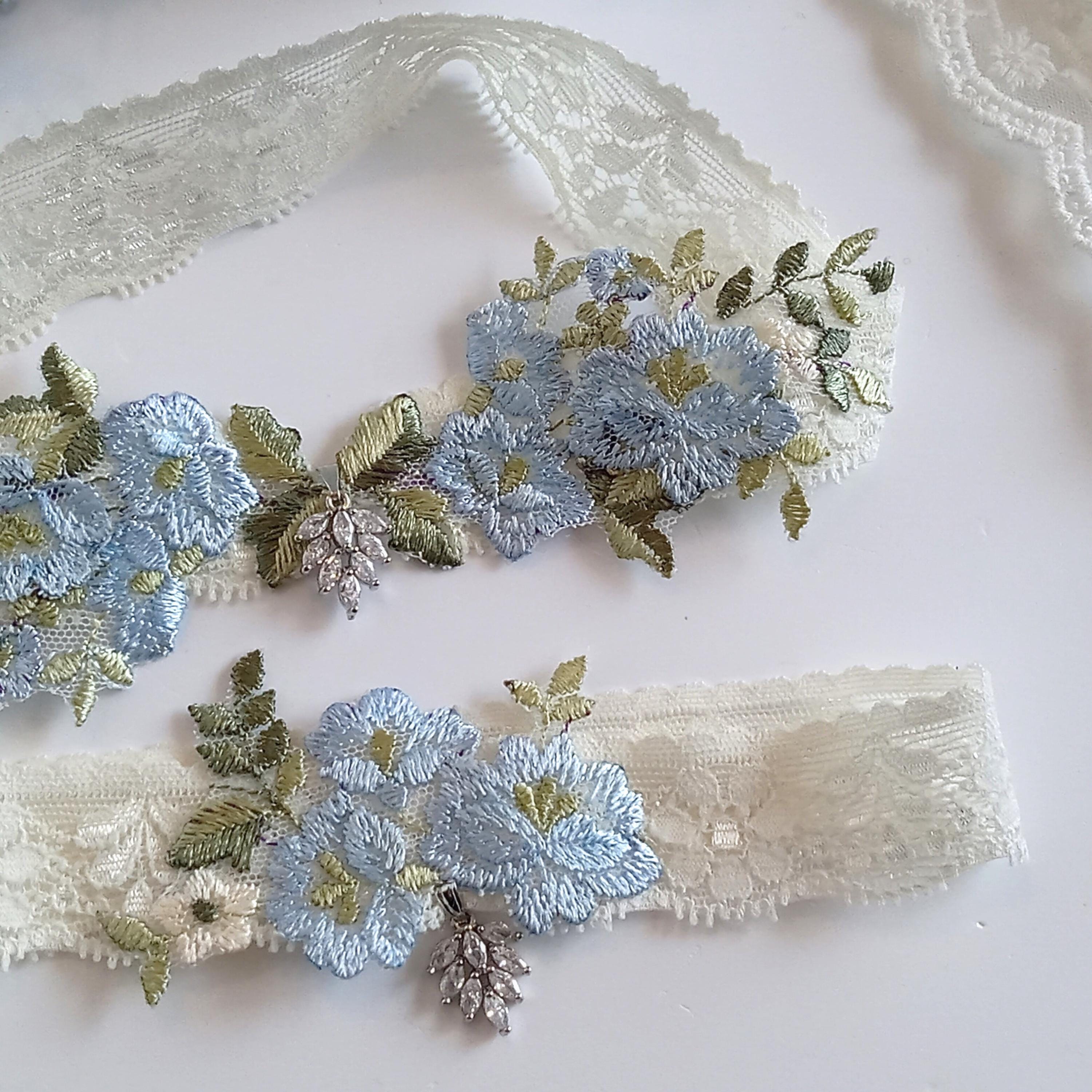Light Blue Wedding Garters, Ivory Embroidered Single or Set Flower Lace ...